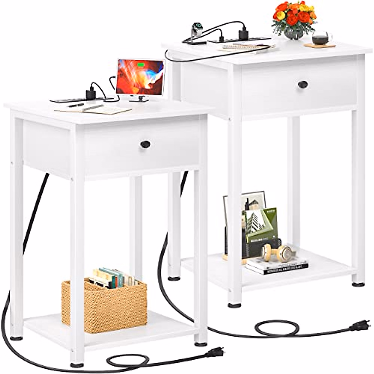Ecoprsio Nightstand Set of 2 with Charging Station, White End Table Side Table with USB Ports, Wood Night Stand, White Bedside Table with Drawer and Shelf for Bedroom, Living Room, Sofa Couch, White
