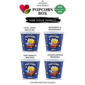 ONONEXPRESS Modern Style Reusable Plastic Popcorn Box / Popcorn Containers / Popcorn Bowls Set for Movie Theater Night - (BPA Free - BLUE 4 Pack-75 oz)