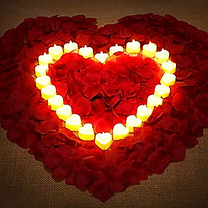 1000 Pieces Artificial Rose Petal with 24 Pieces Romantic Heart Candles Flameless Romantic Led Tealight Candle for Romantic Night Birthday Valentine's Day Anniversary Wedding Table Decor (Yellow)