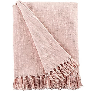 Sticky Toffee Blush Pink Woven Cotton Throw Blanket with Fringe, Textured Throw Blankets, Thick and Durable Decorative Throw, Oeko-Tex Cotton, 50 in x 60 in