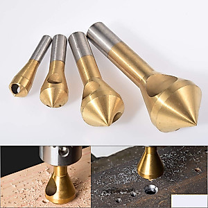 KATUR 4Pcs High Speed Steel Single-End Countersink, Deburring Drill Bit Set for Metal, 90 Degree Point Angle, 6/8/10/12mm Round Shank, 2-5, 5-10, 10-15, 15-20mm 4 Sizes Head Diameter(Gold)
