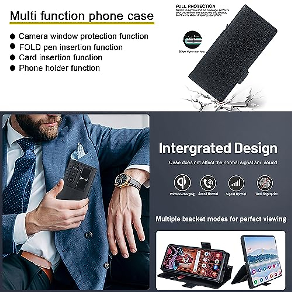 KUGEW for Samsung Galaxy Z Fold 5 Case with S Pen Holder & Camera Cover, Luxury Leather Wallet Phone Cover Built-in S Pen Slot Kickstand Function Card Holder Hinge Protection Shockproof (Black)