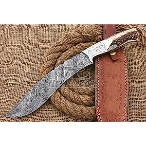 HUNTEX Handmade Hand-Forged Twist Pattern Damascus Steel 14 Inch Long Full Tang Deer Antler Handle Razor Sharp Hunting Camping Bowie Knife w/Genuine Leather Sheath