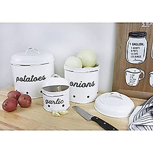 AuldHome Potatoes, Onions and Garlic Canister Set; Rustic White Enamelware Vegetable Storage Containers