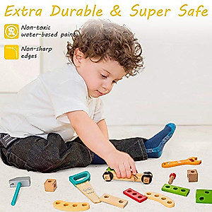 KIDWILL Tool Kit for Kids, 37 pcs Wooden Toddler Tools Set Includes Tool Box & Stickers, Montessori Educational Stem Construction Toys for 2 3 4 5 6 Year Old Boys Girls, Best Birthday Gift for Kids