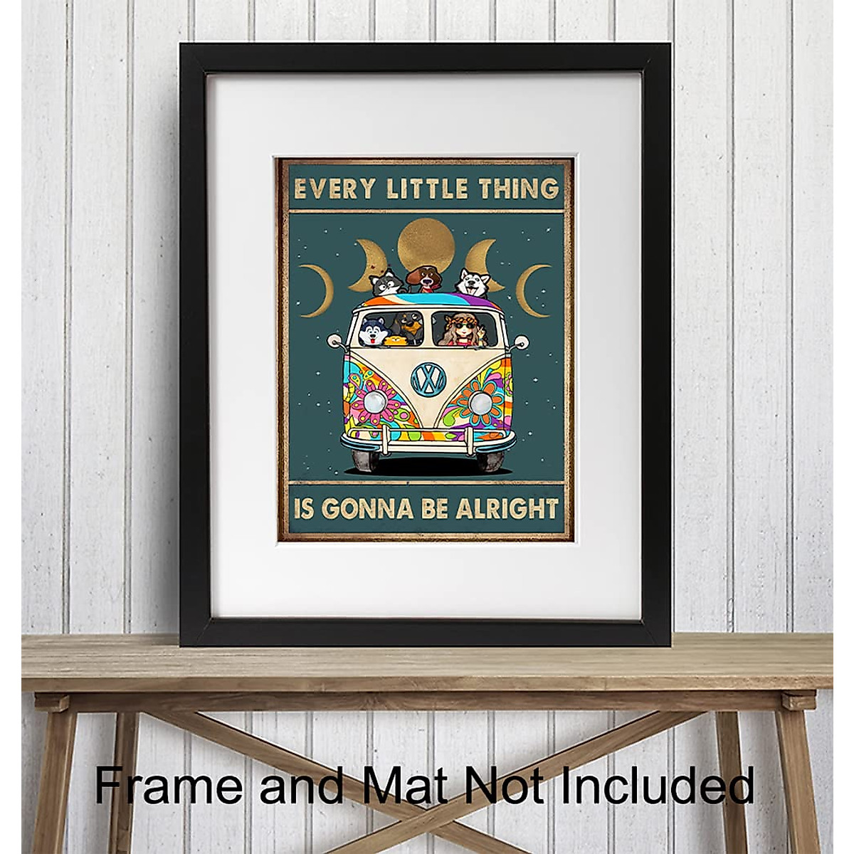 Flower Child Hippie Wall Art - Cute Positive Saying Wall Art - Retro Inspiration Gift for Woman - 60's Hippie Room Decor - Boho-chic hippie bus Poster - Every Little Thing Is Gonna Be Alright 8x10