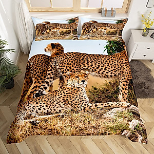 Safari Wildlife Duvet Cover Set Queen,Cheetah California King Animal Comforter Cover,Field Wild Wood Teen Boys Decorative 3 Piece Bedding Set with 2 Pillow Shams,Tan Black Lightweight Microfiber