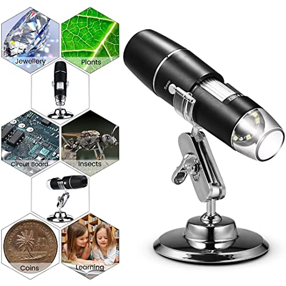 Handheld USB Digital Microscope with Metal Stand, Portable HD 1000 X Magnification Inspection Camera with 8 LED Light for Android Mac Windows Computer