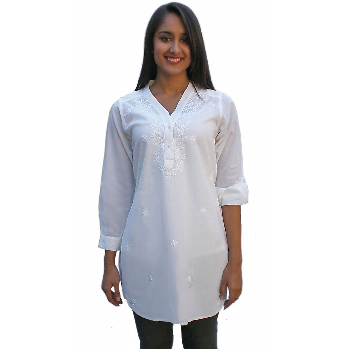 Ayurvastram BIBAA Pure Cotton Shirt Tunic Top Kurti Blouse; White: Sz 10