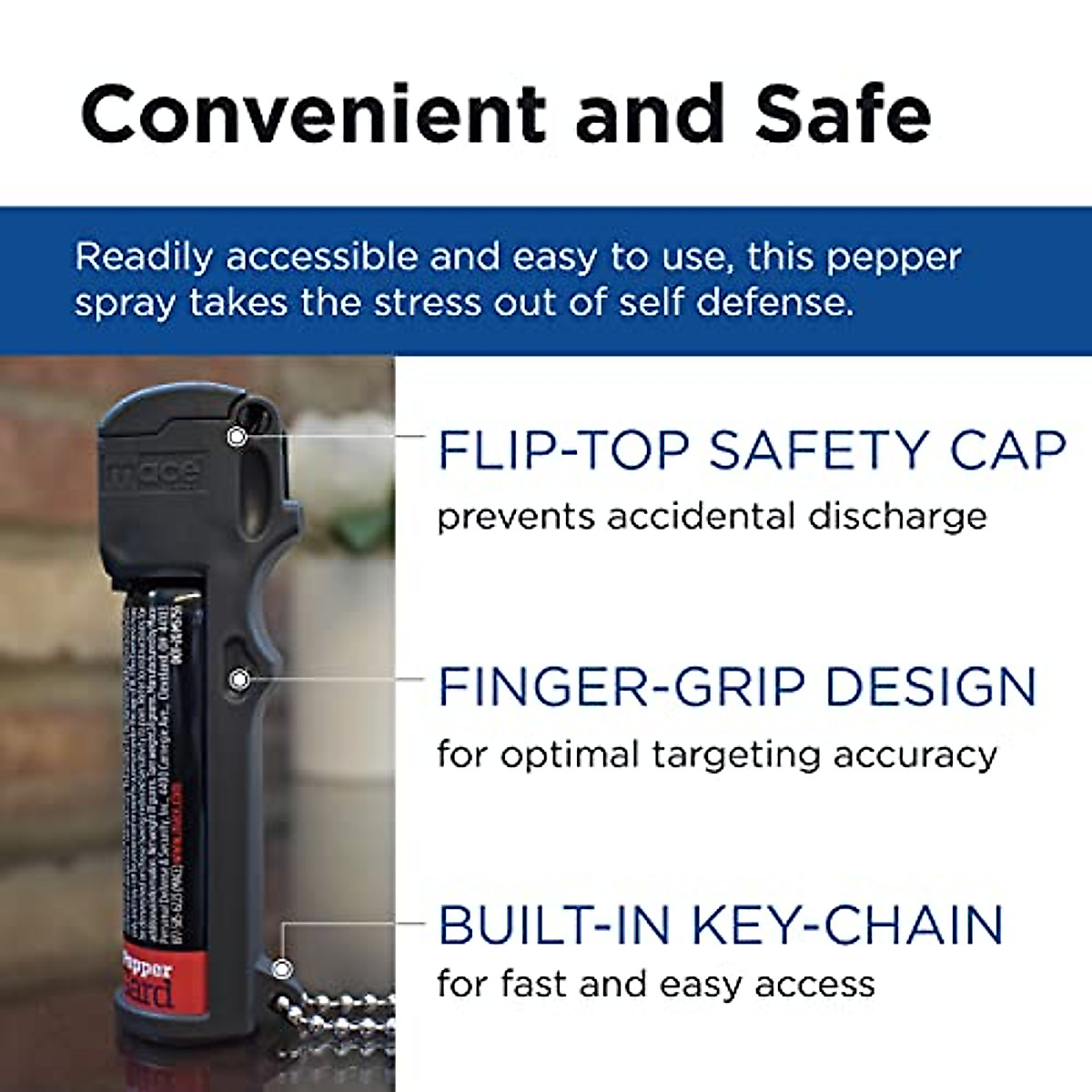 Mace Brand KeyGuard Mini Pepper Spray, Black – Accurate 5’ Powerful Pepper Spray Keychain for Women & Men – Refillable Mace Spray, Self Defense Flip-Top Safety Cap for Fast Access – Easy to Use