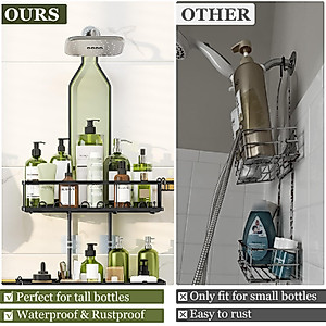 Skyapex Shower Caddy Hanging: Adjustable Height No Blocking to Shower Head - Black Shower Caddy Over Showerhead Shower Organizer - Rustproof Shower Shelves with Hooks 2 Soap Holders