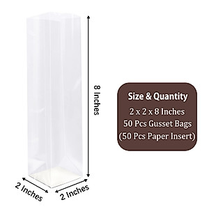 Morepack Gusseted Cellophane Bags,Flat Bottom Cellophane Bags with Paper Insert 50Pcs 2x2x8 Inches Biscotti bags