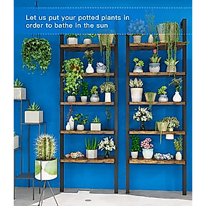 DKLGG 5-Tier Book Shelf Rack Against The Wall, Tall Ladder Shelf Wooden Bookcase Metal Frame Storage Plant and Flower, Single Standing Bookshelf Ladder ​for Living Room, Bedroom, Balcony, Home Office