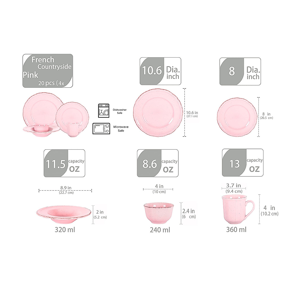 HomeVss, Stoneware French Countryside 20pc Dinnerware Set, Speckled and Antique Pink