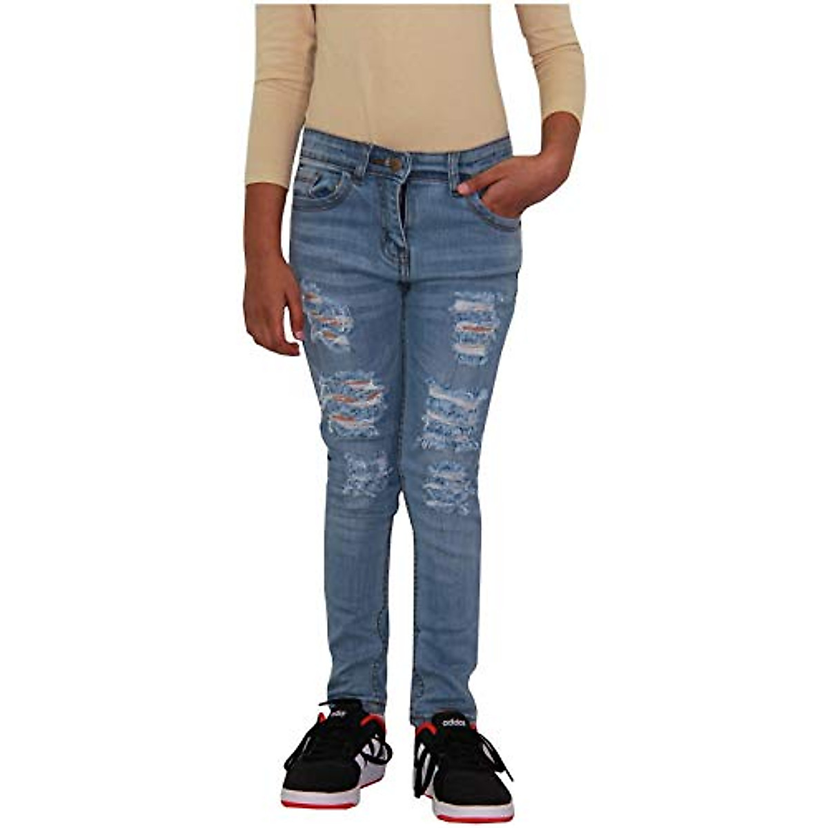 A2Z 4 Kids Girls Denim Ripped Jeans Mid Blue Comfort Skinny Stretch - Girls Jeans JN28 Mid Blue_11-12