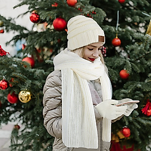 Hicdaw Womens Winter Hat Gloves Scarf Set, Beanie Hat Womens Winter Warm Sets Long Scarf Touchscreen Gloves with Fleece Lined Warm Knitted Hat White