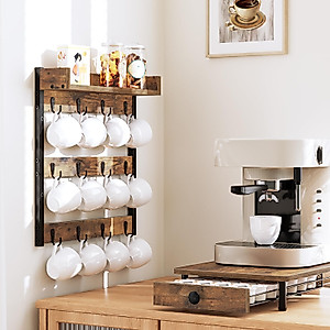 YATINEY Coffee Mug Holder Stand, 3 Tier Mug Tree Holder Rack, Mug Cup Rack Stand, Coffee Mug Rack can Hanging 12 Cups, with Top Shelf, for Kitchen and Coffee Station, Rustic Brown MH42BR