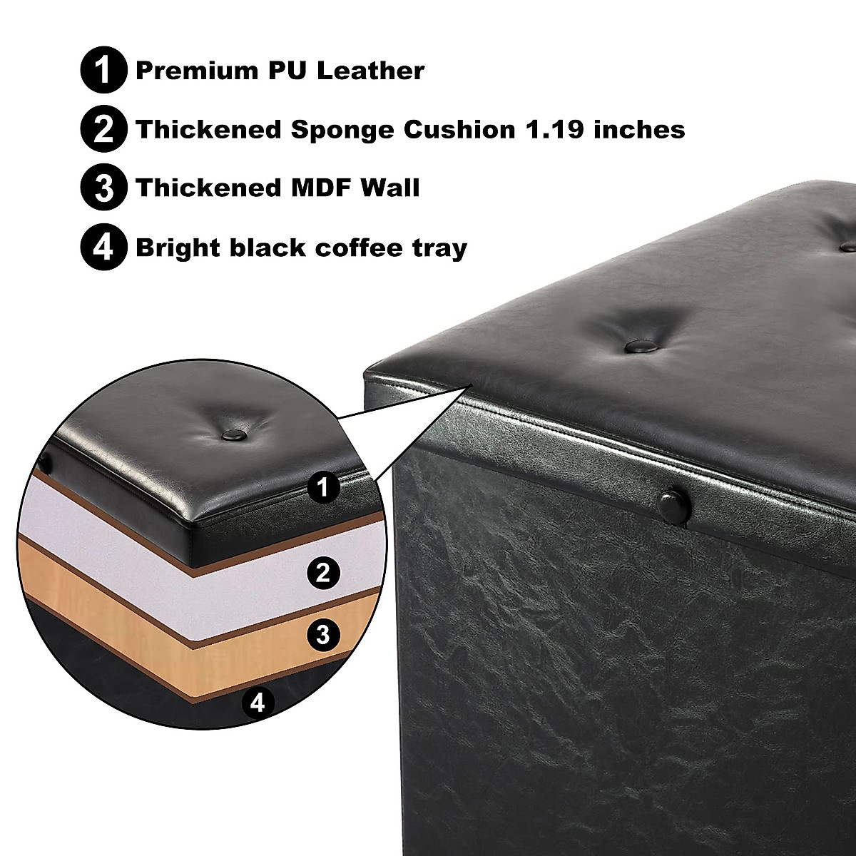 UHSTORAGE Large Square Storage Ottoman Coffee Table with Tray, Faux Leather Storage Ottoman for Living Room Comfortable Footstool with Resilient Sponge Padded Seat, Black