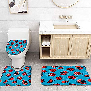 4 Piece Shower Curtain Sets Cute Ladybug Red Black Carapace Insect Dense Animal Blue Non-Slip Rug, Toilet Lid Cover, Bath Mat Waterproof Shower Curtain Bathroom Sets with 12 Hooks Bath Decor