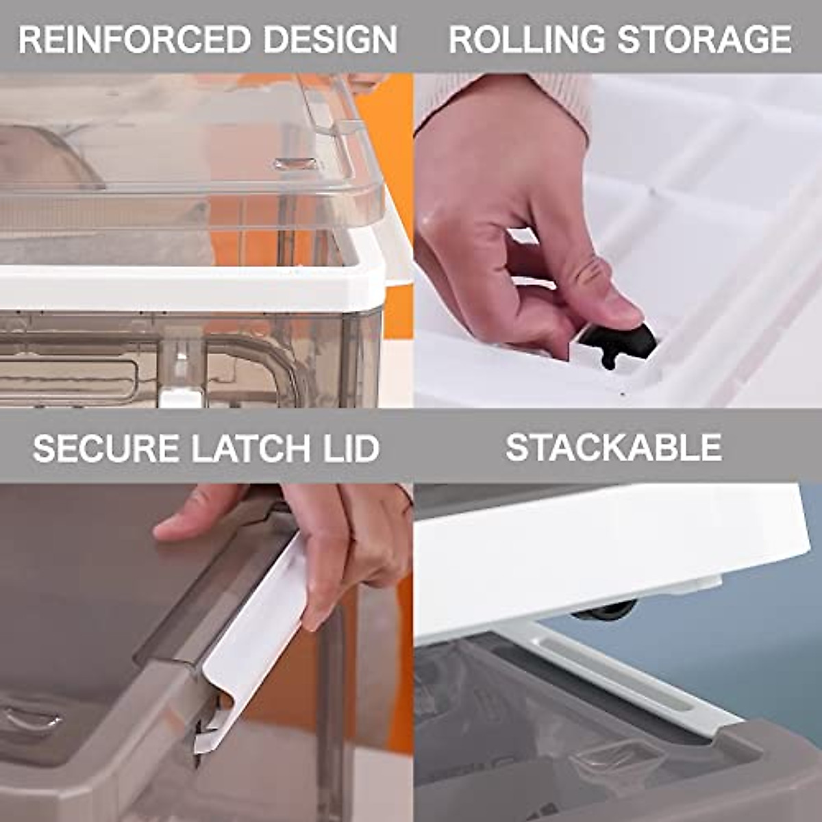 EZOWare 15 Quart Stackable Lidded Plastic Storage Bins with Front Opening and Wheels, 2 Pack Foldable Organizer Cube Box Containers with Latch Lid - White and Clear Gray