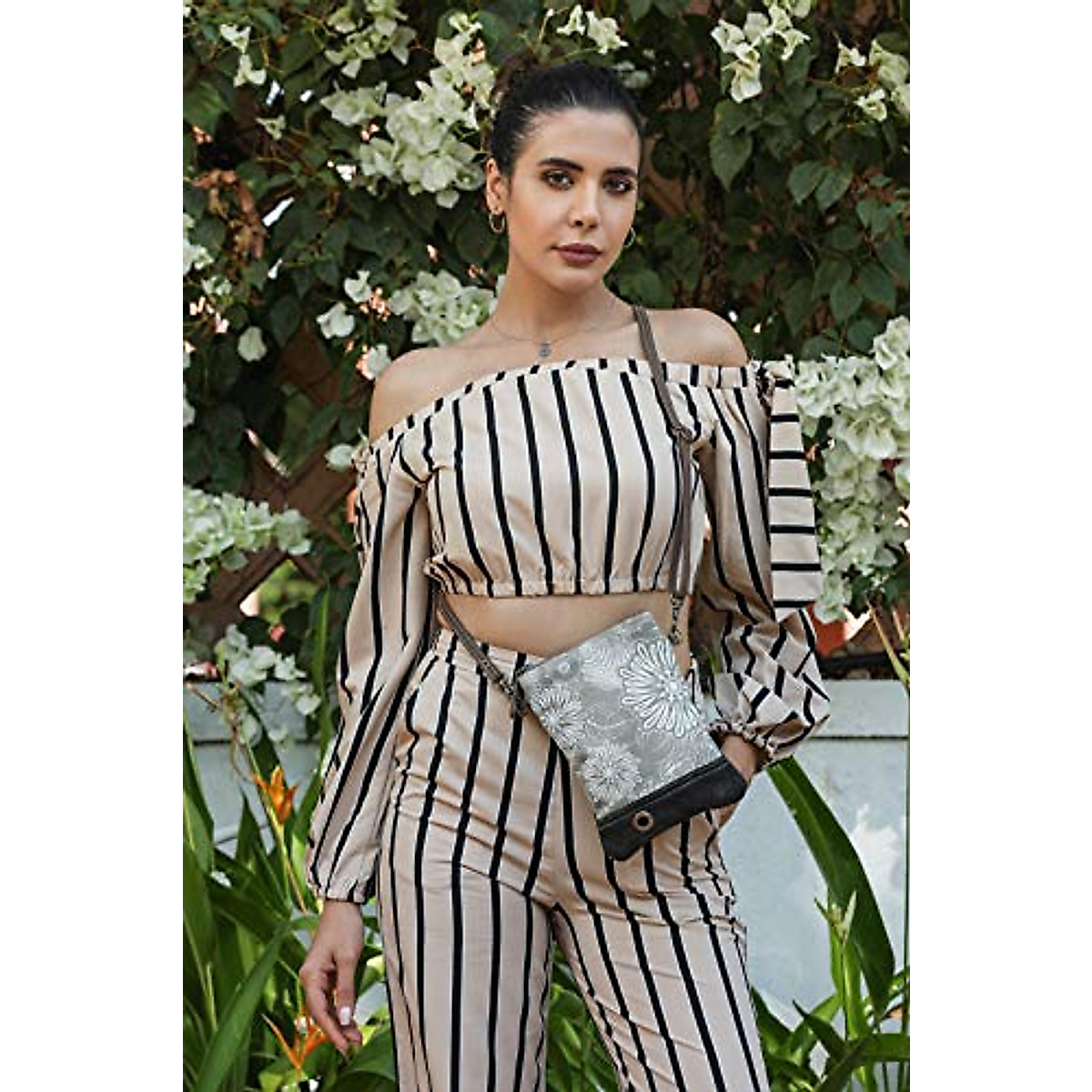 Myra Bag Leafy Upcycled Canvas & Leather Crossbody Bag S-1466