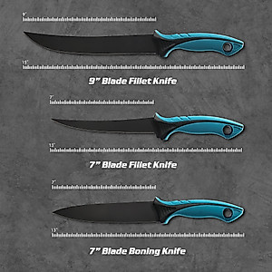 KNINE OUTDOORS Fish Fillet Knife Set Curved Flex 7 inch 9 inch Filet Knife for Filleting and Boning, Non-Slip Handles, Includes Fishing Braid Line Scissors, Fish Dressing Scissors, Filleting Pad