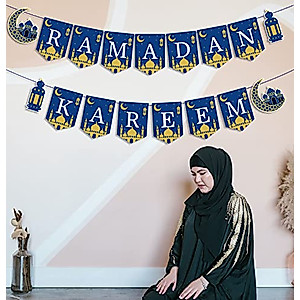 PTFNY Ramadan Kareem Banner Muslim Ramadan Mubarak Bunting Banner Garland Ramadan Kareem Decorations for Islamic Ramadan Eid Festival Celebration Mantle Fireplace Wall Party Decorations