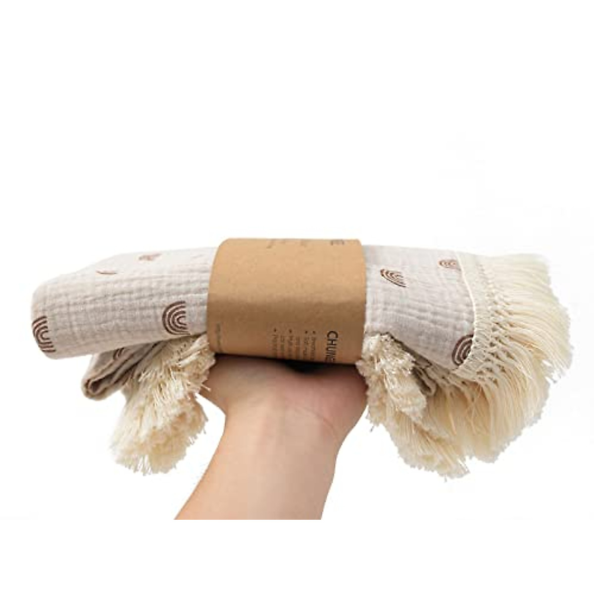 CHUNGEL Cotton Baby Muslin Tassles 40"x 47", Baby Receiving Blanket with Fringe, Boho Muslin Swaddle Blanket with Fringe- Earth Rainbow…