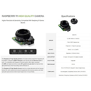waveshare Accessory Compatible with Raspberry Pi HQ Camera 12.3MP IMX477 Sensor High Sensitivity Supports C- and CS-Mount Lenses Comes with a RPi Zero V1.3 Camera Cable 15cm