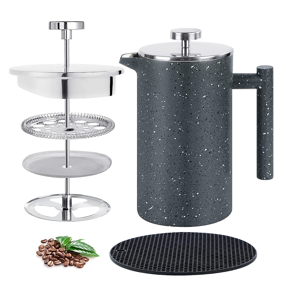 BAZZEFF French Press Coffee Maker 34oz with Double-Insulated Stainless Steel Large Metal Coffee Press with 3 Layer Filtration System for Ultimate Coffee Tea Brewing in Travel Camping or Home