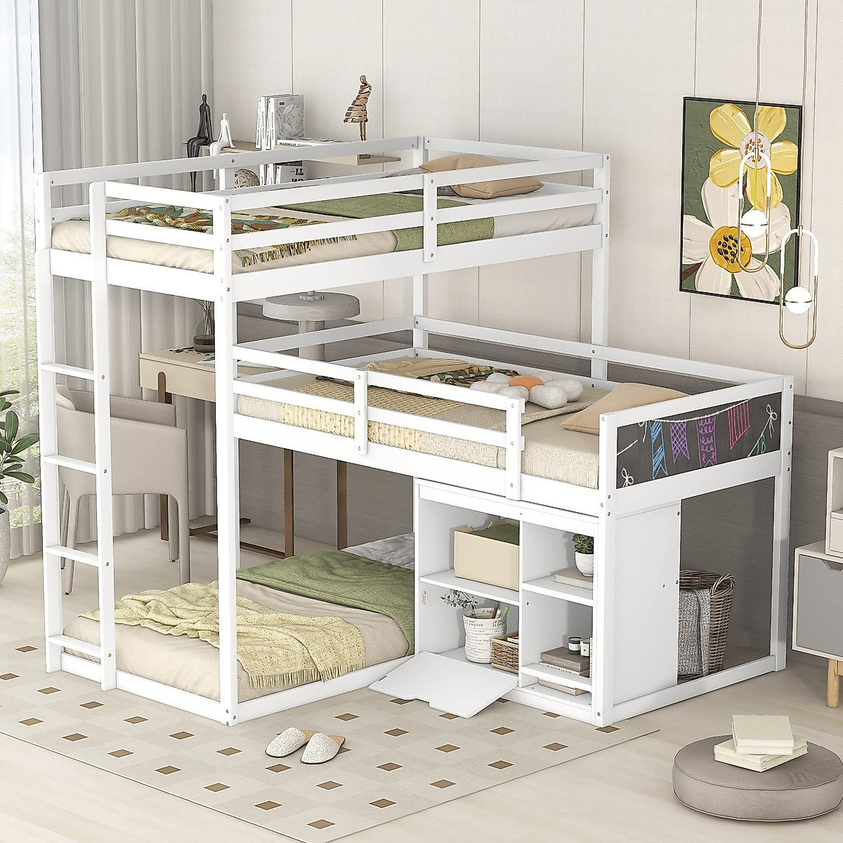 Eafurn L-Shaped Bunk Beds for 3,Twin Size Triple Bunk Beds with Storage Cabinet and Blackboard,Solid Wood Floor Bunk Bed for Kids Teens Adults