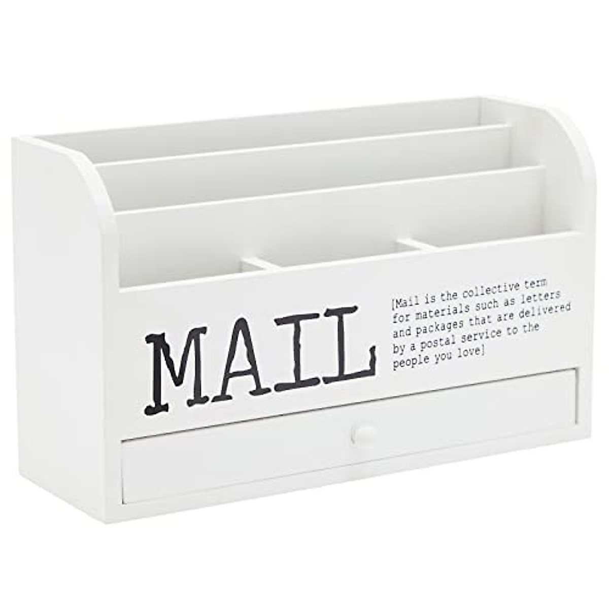 Juvale White Mail Organizer for Desktop, Wooden Mail Sorter Storage Box for Countertop, Home Office, Farmhouse-Style 3-Tier Holder with Drawer for Files, Bills and Letters (11 In)