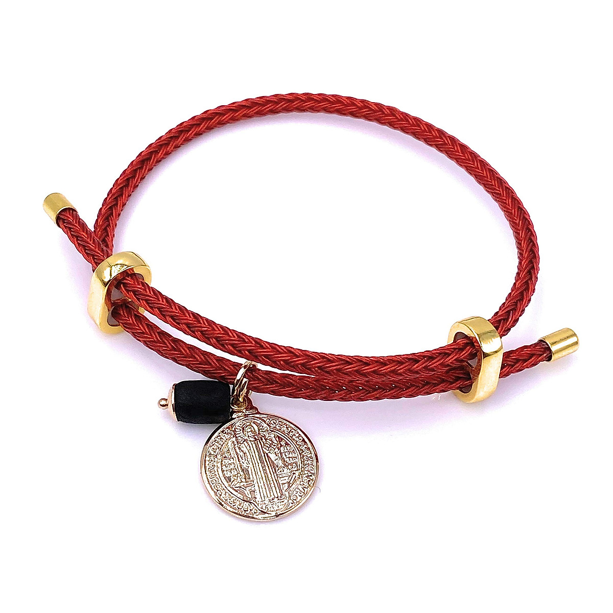 LESLIE BOULES 18K Gold Plated Saint Benedict Medal Red String Bracelet Charm Genuine Jetstone