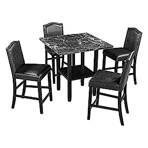 Harper & Bright Designs 5-Piece Dining Table Set with Faux Marble Veneer Tabletop/Bottom Shelf/ 4 Upholstered Chairs for Kitchen Dining Room Furniture Set, Black Chair+Black Table