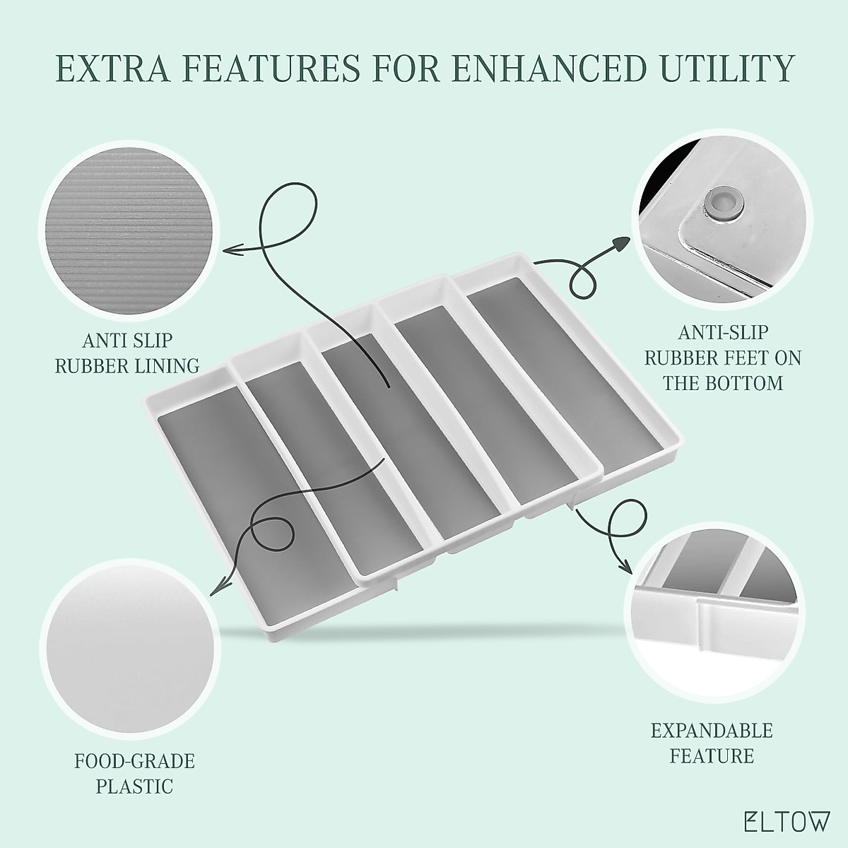 ELTOW Expandable Utensil Drawer Organizer, 5 Compartment Non-Slip & Adjustable Large Utensil Organizer for Kitchen Drawers, Kitchen Organization for Utensils, Flatware Storage Tray (White)