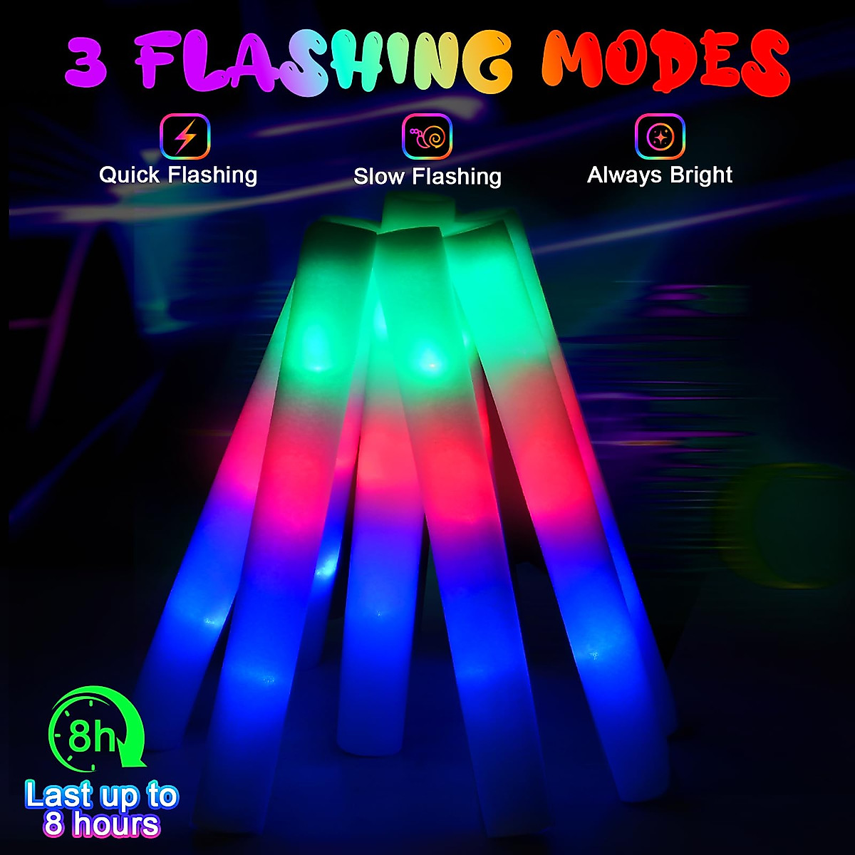 HONLYNE46 PCS Foam Glow Sticks with 3 Modes Colorful Flashing, Foam Light Up Sticks, LED Light Sticks, Glow Sticks Party Pack for New Year, Wedding, Raves, Concert, Christmas
