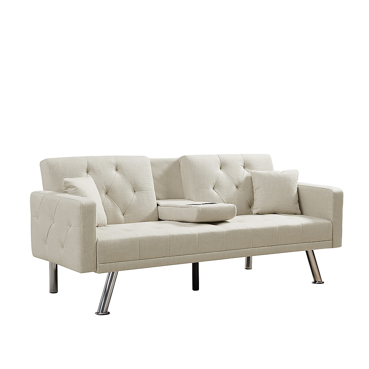 Foldable Futon Sofa Loveseat Convertible Sleeper Couch Bed for Small Space Apartment Office Living Room Furniture Sets with 2 Cup Holders, Tufted Back & Seat Orange PU Leather 67" W