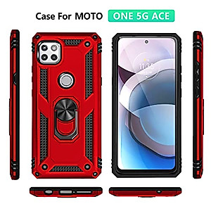 YZOK Compatible with Motorola One 5G Ace Phone Case,with HD Screen Protector,[Military Grade] Ring Car Mount Kickstand Hybrid Hard PC Soft TPU Shockproof Protective Case for Moto One 5G Ace (Red)