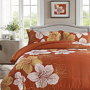 Menghomeus Terracotta Comforter Set King Gold Floral Bedding Burnt Orange Botanical Bedding Sets Lightweight Thanksgiving Bed Comforter Set (1 Comforter, 2 Pillowcases)
