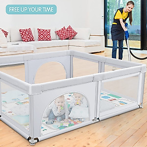 Derson Baby Playpen 79"X71" Extra Large Play Yard with Play Mat, Indoor & Outdoor Kids Fence Area with Breathable Mesh Gates, Safety Sturdiness Baby Fences for Babies, Infant, Toddler, Childs