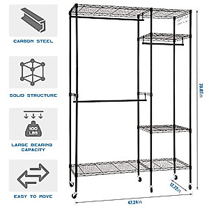 BRIAN & DANY Free-standing Closet Garment Rack, Heavy Duty Clothes Wardrobe, Rolling Clothes Rack, Closet Storage Organizer with Hanger Bar, Contains 10 hooks, Black, 47.72" L x 17.99" W x 70.87" H