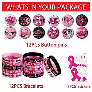 98Pcs Breast Cancer Awareness Accessories, Breast Cancer Awareness Decorations With 24Pcs Pink Ribbon Breast Cancer Buttons, 24Pcs Breast Cancer Bracelets and 50Pcs Pink Breast Cancer Stickers