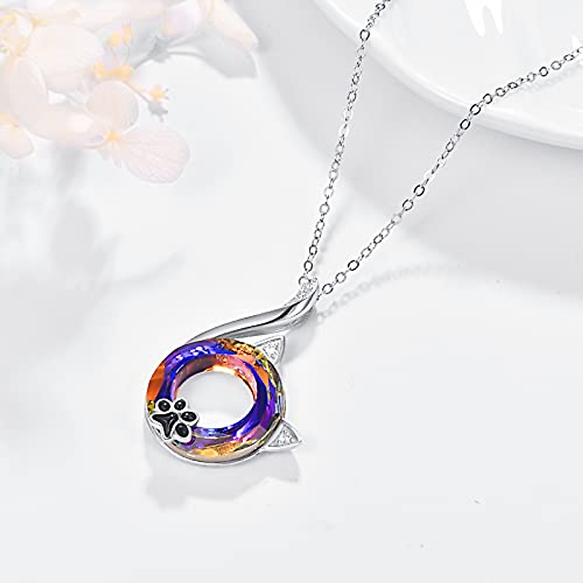 Dreamboat Sterling Silver Cat Necklace for Women Crystal Necklace Cute Animal Necklace Kitten Necklace Cat Pendant Red Paw Print Necklace Cat Jewelry Gifts