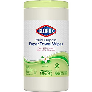 Clorox Multi-Purpose Paper Towel Wipes, Trap and Lift Messes Like a Paper Towel and Kills 99.9% of Bacteria*, Sanitizing Wipes, Jasmine Scent - 75 Wipes