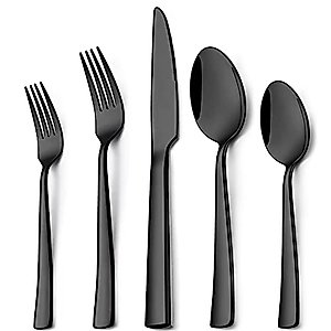 Wildone 40-Piece Black Silverware Set, Stainless Steel Flatware Square Cutlery Set Service for 8, Eating Utensils Include Knife Fork Spoon, Mirror Polished & Dishwasher Safe