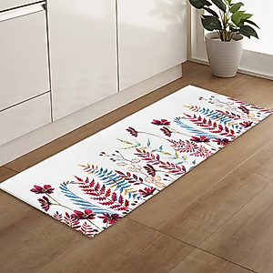 Colorful Leaf Kitchen Rug Botanical Plant Flower Country Farmhouse Style Water-Absorbing Runner Carpet Area Mat for Bedroom Bathroom Indoor Use Rubber Backing Accent Throw Low Pile Washable 20x47