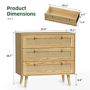 infurnic 3 Drawer Rattan Dresser for Bedroom, Modern Wooden Dresser Chest with Handles for Bedroom, Hallway and Living Room, Wood Oak
