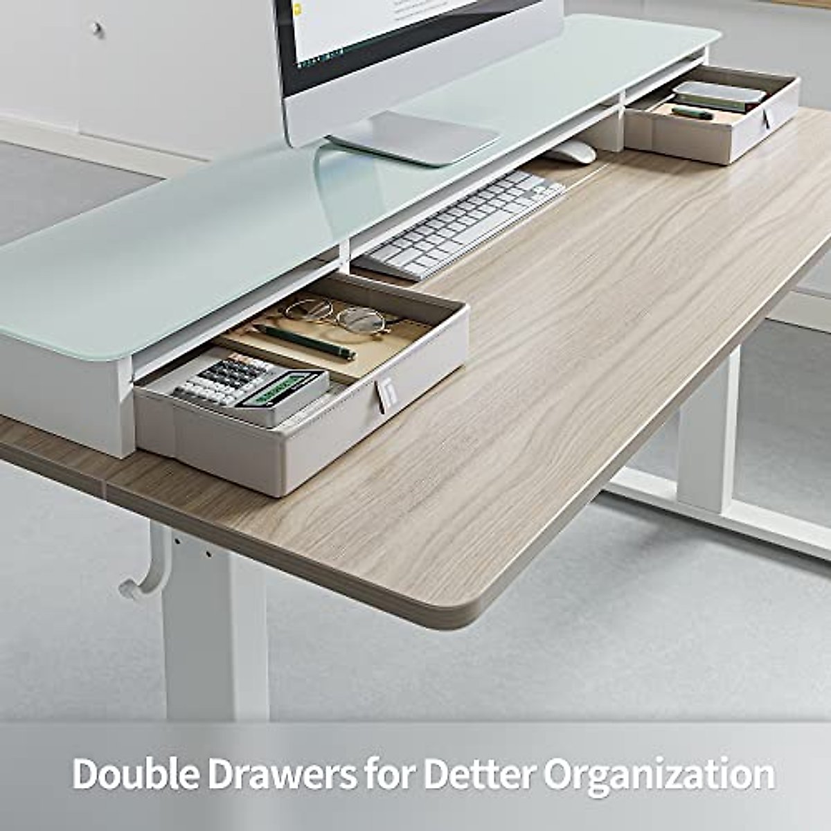 FEZIBO Electric Standing Desk with Glass Top Monitor Stand,55 x 26 Inch Adjustable Sit Stand Up Table with Double Drawer, Sit Stand Desk with Storage Shelf, White Frame/Light Walnut Top
