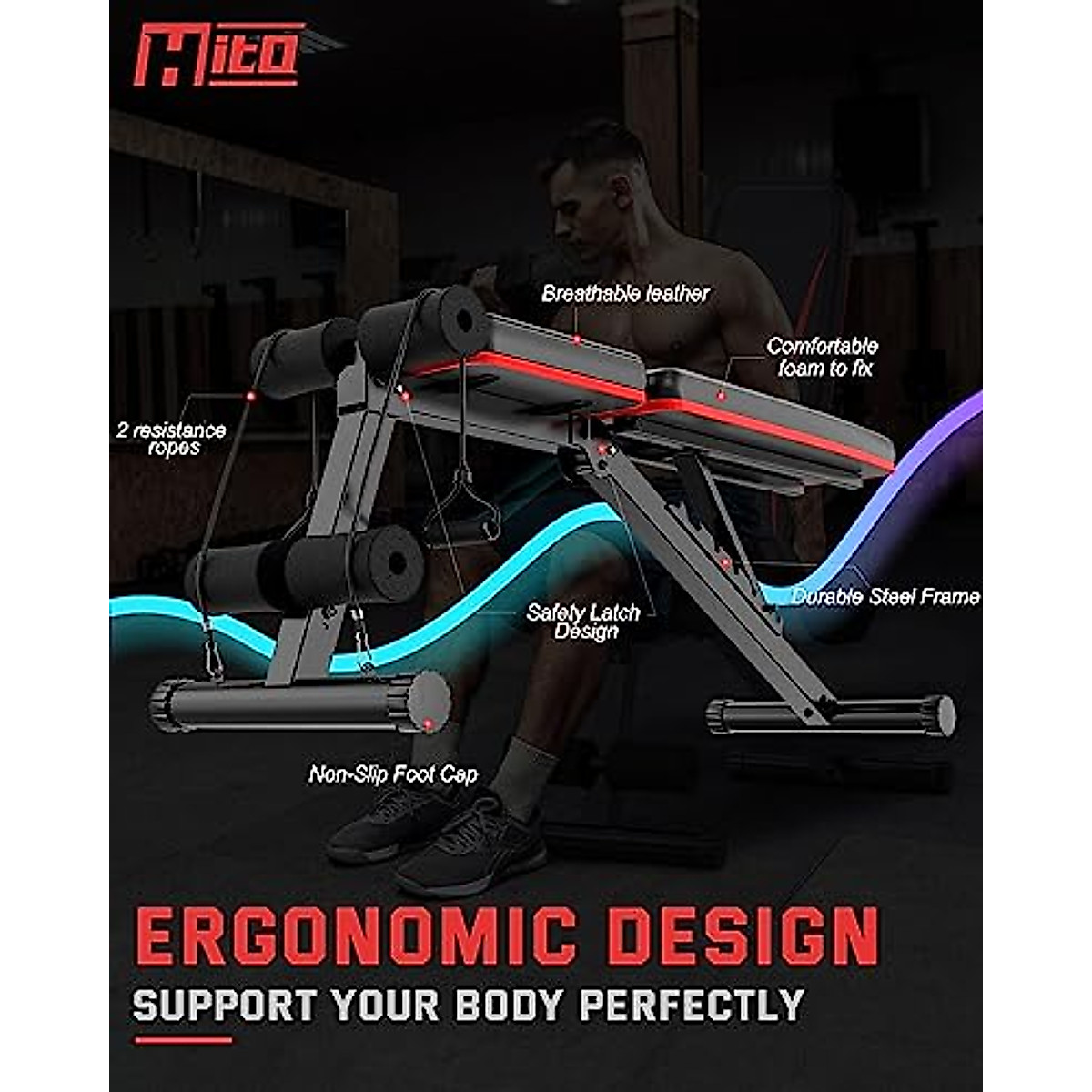 HITOSPORT Adjustable Weight Bench for Full Body Exercise, Foldable Strength Training Bench Press with Resistance Bands for Home Gym & Body Workout Newly Upgraded