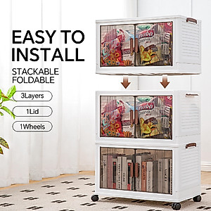 Homeforce Collapsible Storage Bins with Lids 3 Pack 17 Gal Each, Stackable and Foldable Storage Boxes with Doors & Wheels, Large Closet Organizers and Storage Cabinet, Suitable for kids over 6